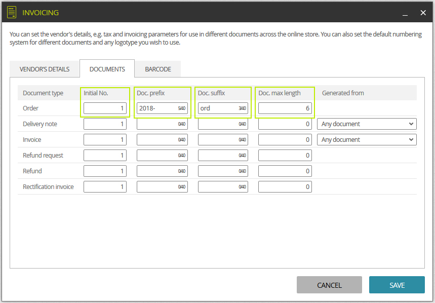 How can I introduce or change the Invoice / Order / Delivery Note ...